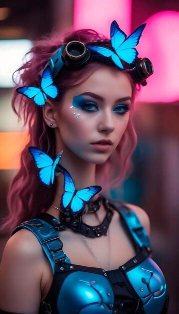 Premium Photo Steampunk Girl With Blue Butterflies