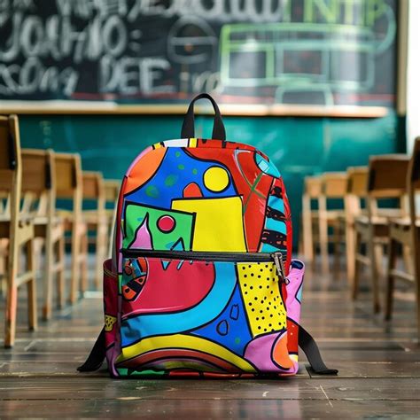 A Colorful Backpack With A Colorful Design On It Sits On A Table