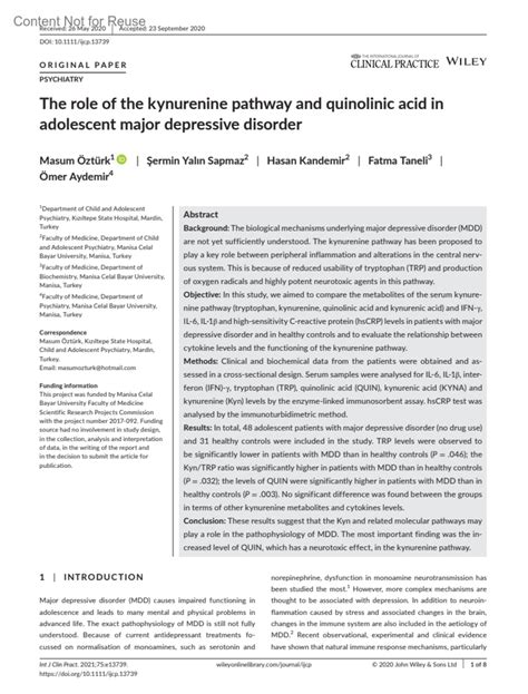 The Role Of The Kynurenine Pathway And Quinolinic International