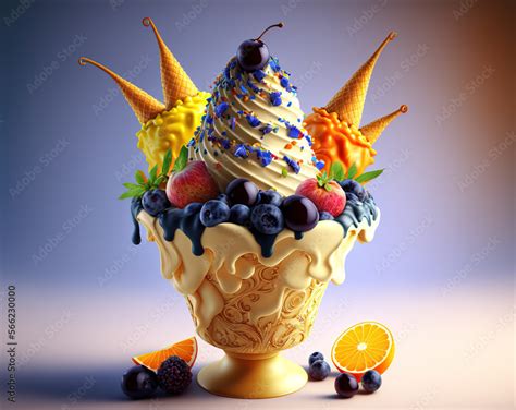 Cup Of Ice Cream And Fruits Colored Ice Cream Vanilla Ice Cream