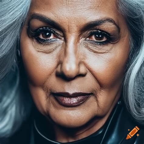 Close Up Portrait Of A Glamorous Older Latina Woman In A Leather Biker
