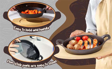 Set Of 4 Cast Iron Mini Oval Serving Dish Pans With Wooden Base 8oz Mini Cast