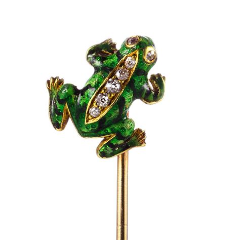 Antique Gold And Enamel Frog Stickpin Stick Pin In The Form Of A Green