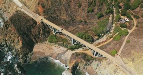 Aerial View Of Big Bridge On Rocky Landscape Bixby Creek Bridge On The