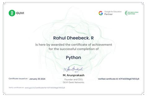 Python Coding Learnandgrow Guvicertificate Rahul Dheebeck R