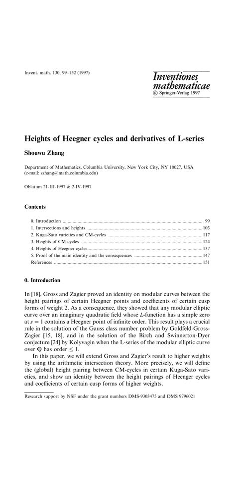 Pdf Heights Of Heegner Cycles And Derivatives Of L Series