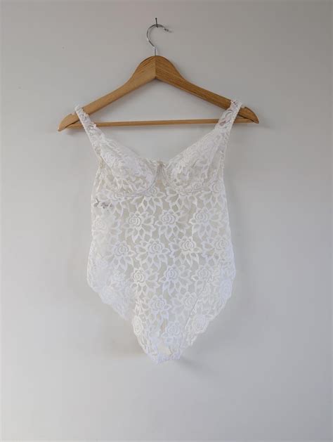 Vintage White Floral Lace Thong Bodysuit Sheer Lingerie One Piece 80b