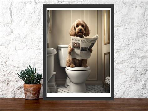 Funny Beige Cockapoo Sat On Toilet Reading Newspaper Dog Lovers T