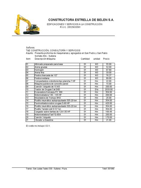 Cotizacion Materiales Y Equipos Pdf