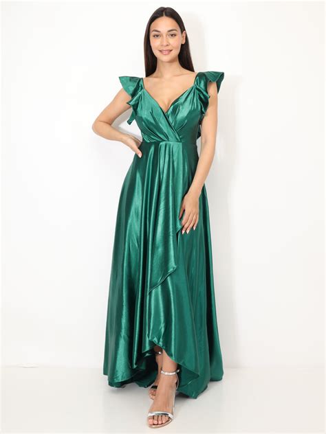 Robe Longue Satinée Avec Mancherons Vert Foncé