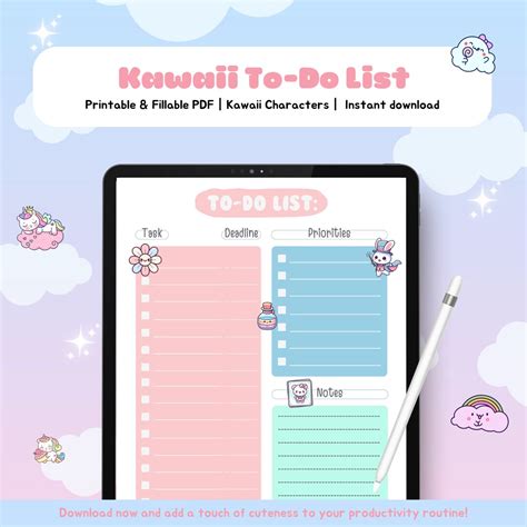 Kawaii To Do List Printable Pdf Cute Task Planner With Adorable Kawaii Characters Instant