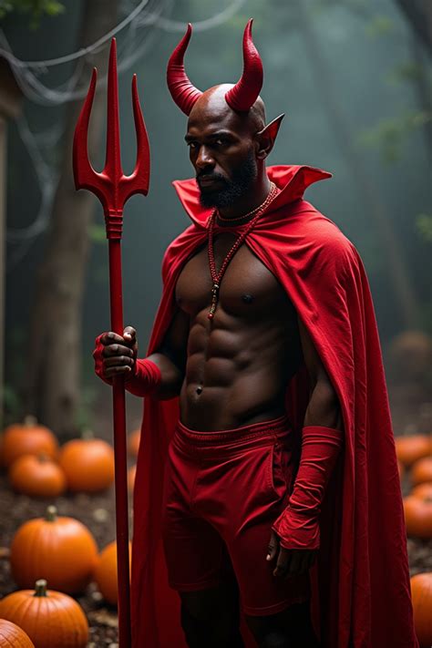 A Man Wearing A Classic Red Devil Costume With Devil Horns A Red Cape