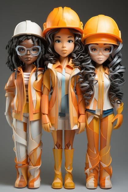 Diverse Trio Of Constructionthemed Dolls Premium Ai Generated Image