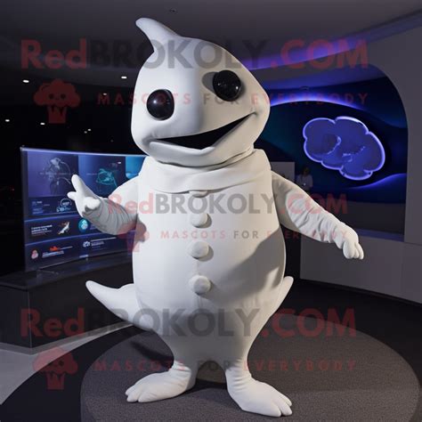 White Stingray Mascot Costume Character Dressed With A Turtleneck And