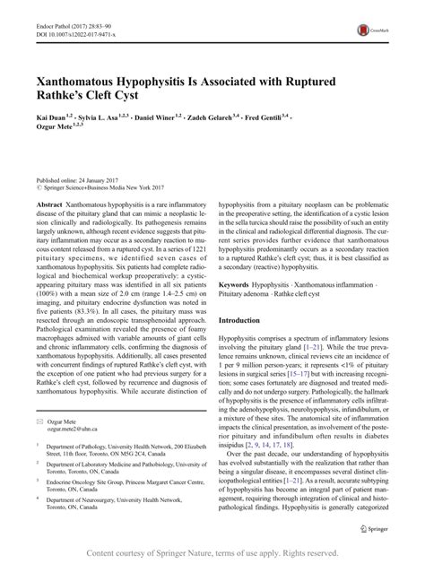 Xanthomatous Hypophysitis Is Associated With Ruptured Rathkes Cleft