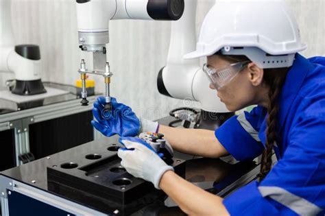 close up robot arm female technician engineer using remote control