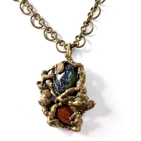 Luciano Mexico Vintage Brutalist Bronze Art Glass Pendant Necklace