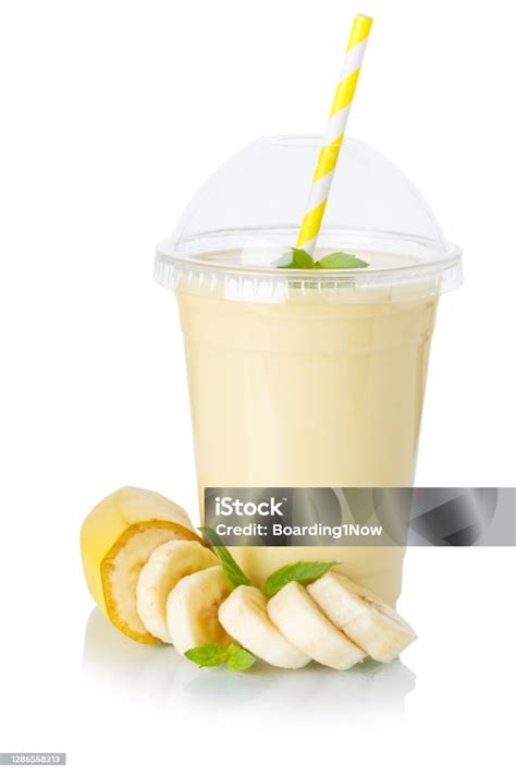 Jus Buah Pisang Smoothie Minuman Segar Milkshake Susu Kocok Dalam Cangkir Terisolasi Di Atas
