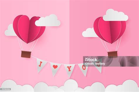 발렌타인 데이 플래그 커플 허니문 벡터 일러스트 배경 텍스트와 구름 하늘에 비행 하는 풍선의 종이 스타일 사랑 공예에 대한 스톡 벡터 아트 및 기타 이미지 Istock