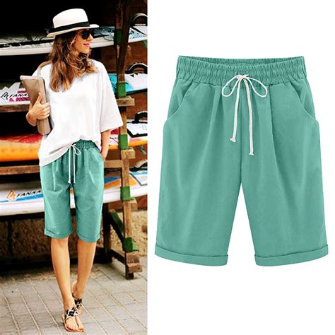 Awdenio Womens Elastic Waist Knee Length Casual Polyester Bermuda