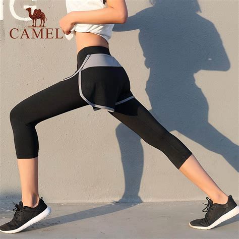 Camel Womens Fake Two Piece Sports Tights Breathable Yoga Pants