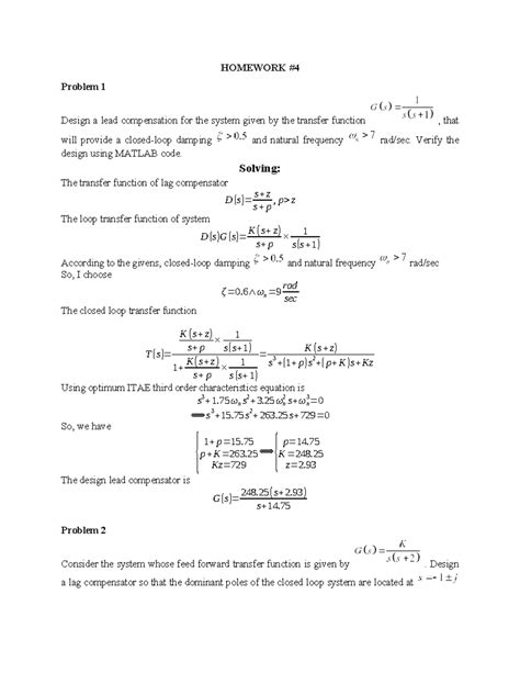 Design A Lead Compensation For Tf Homework 4 Problem 1 Design A