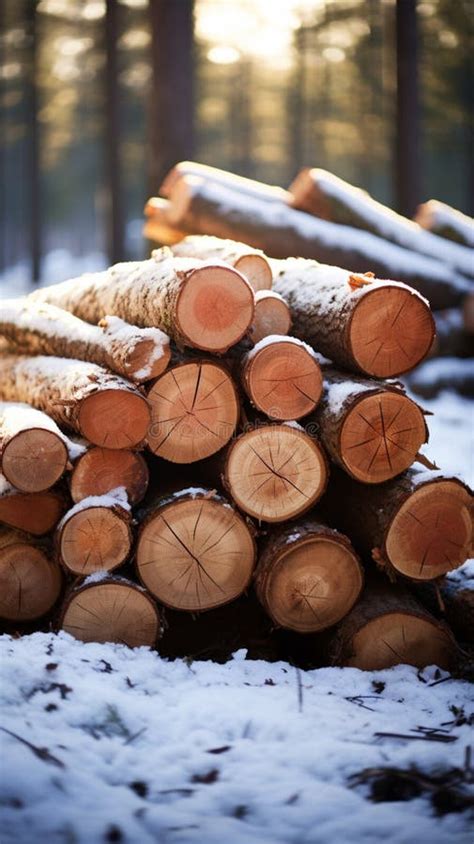 Woodland Snow Pile Of Cut Pine Tree Trunks In Winter Stock Illustration