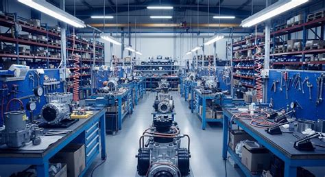 Interior View Of A Manufacturing Facility With Blue Walls And Equipment