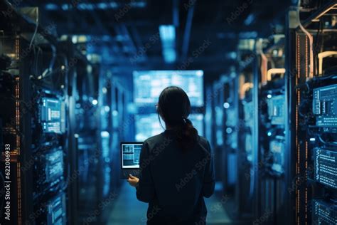 Data Center Expert Backside View Utilizing Tablet For Augmented Vfx