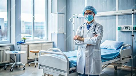 Free Photo Confident Doctor Standing In Hospital Room With A Patient Bed