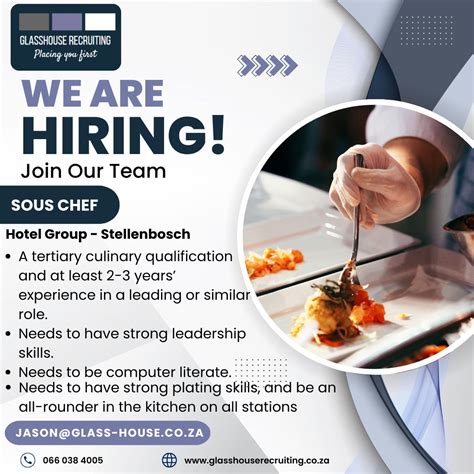 ⚡ Were Hiring ⚡ 👨‍🍳 Sous Chef 👨‍🍳 Apply To Jasonglass Za Glasshouse Recruiting
