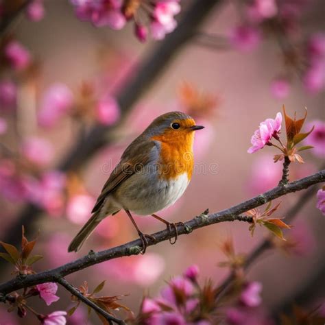 European Robin Perched On Branch Among Pink Cherry Blossoms Stock