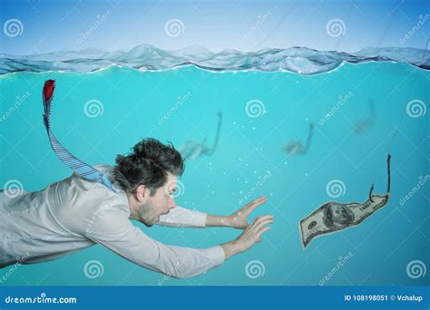 Greedy Businessman Is Swimming In Water And Catching Money On Bait