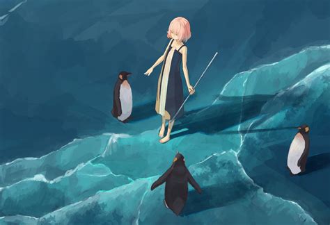 Safebooru Bare Shoulders Barefoot Bird Dress Emperor Penguin Frozen Glacier Ice Ocean Original