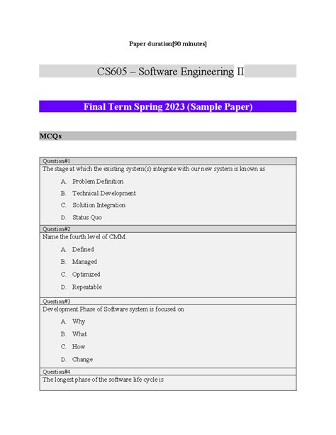 Cs605 Software Engineering Ii Sample Paper Paper Duration 90