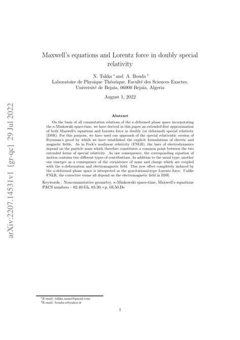 Pdf Maxwells Equations And Lorentz Force In Doubly Special Relativity