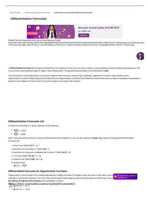 Differentiation Formulas Derivative Formulas List Pdf