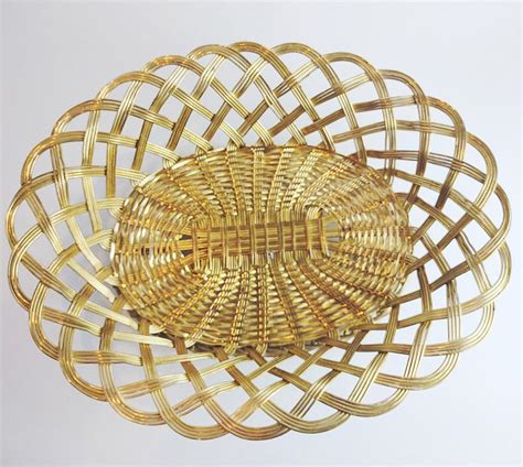 Vintage Woven Wire Brass Bread Basket Centeroiece Flared Oval Mid