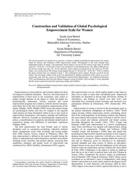 Pdf Construction And Validation Of Global Psychological Empowerment Scale For Women