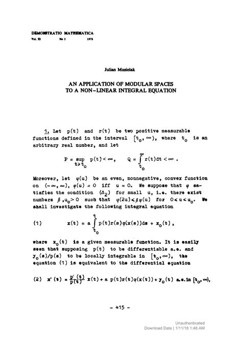PDF AN APPLICATION OF MODULAR SPACES TO A NON LINEAR INTEGRAL EQUATION