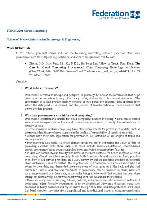 Itech 2201 Cloud Computing Week 10 Tutorials Itech 2201 Cloud