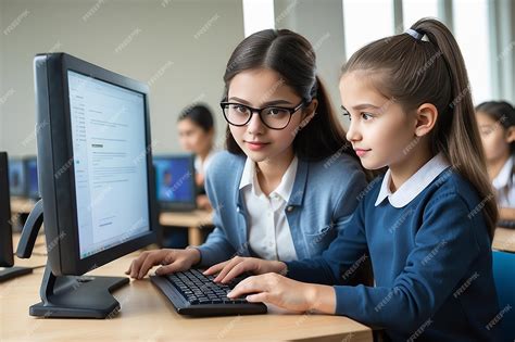 Premium Photo Teacher Teaching Computer To Student Girlpupil Studying
