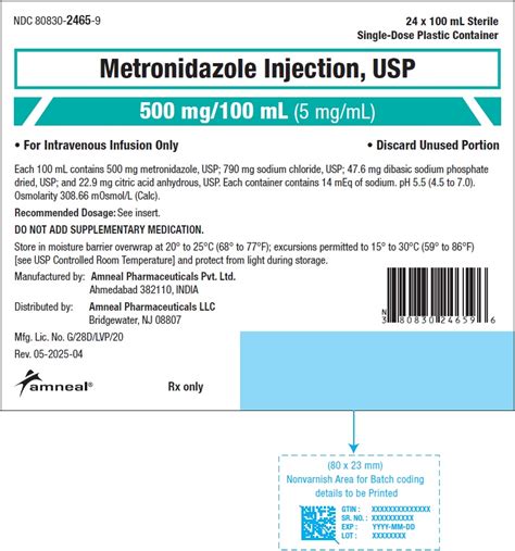 Metronidazole Injection Usp In Plastic Container 500 Mg100 Ml 5 Mg