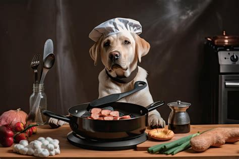 Chef De Perros Con Una Sartén Chisporroteante E Ingredientes Que
