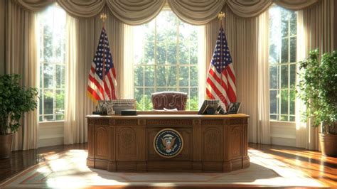 President S Oval Office Interior American Flags Sunlight Streaming Through Windows Stock