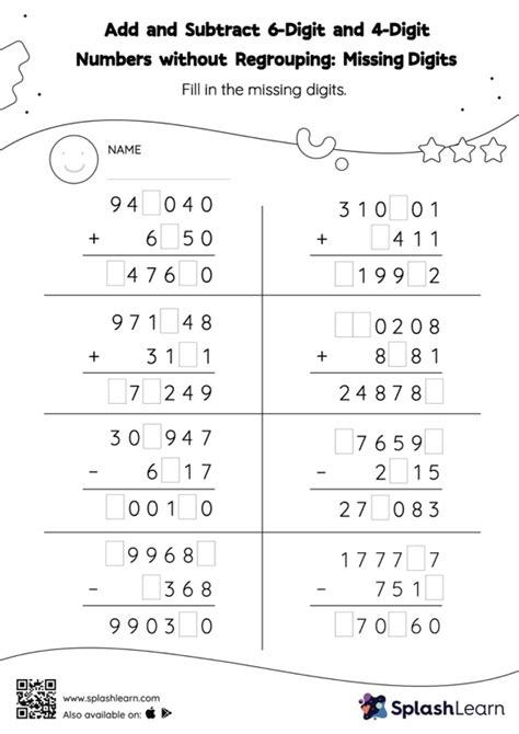 add and subtract 6 digit and 4 digit numbers without regrouping