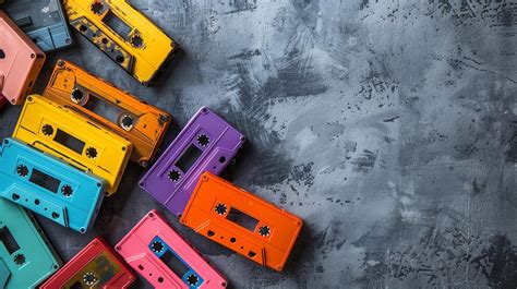 A Variety Of Colorful Cassette Tapes Arranged In A Corner On A Gray