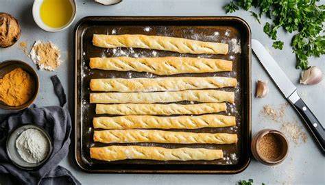 Baking Sheet With Homemade Breadsticks Knife And Ingredients On Grey Marble Table Flat Lay