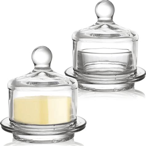 2 Pack Glass Butter Dishes Small Round Butter Keeper With Dome Lid And Handle Clear Butter