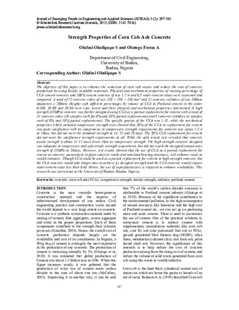 Pdf Strength Properties Of Corn Cob Ash Concrete
